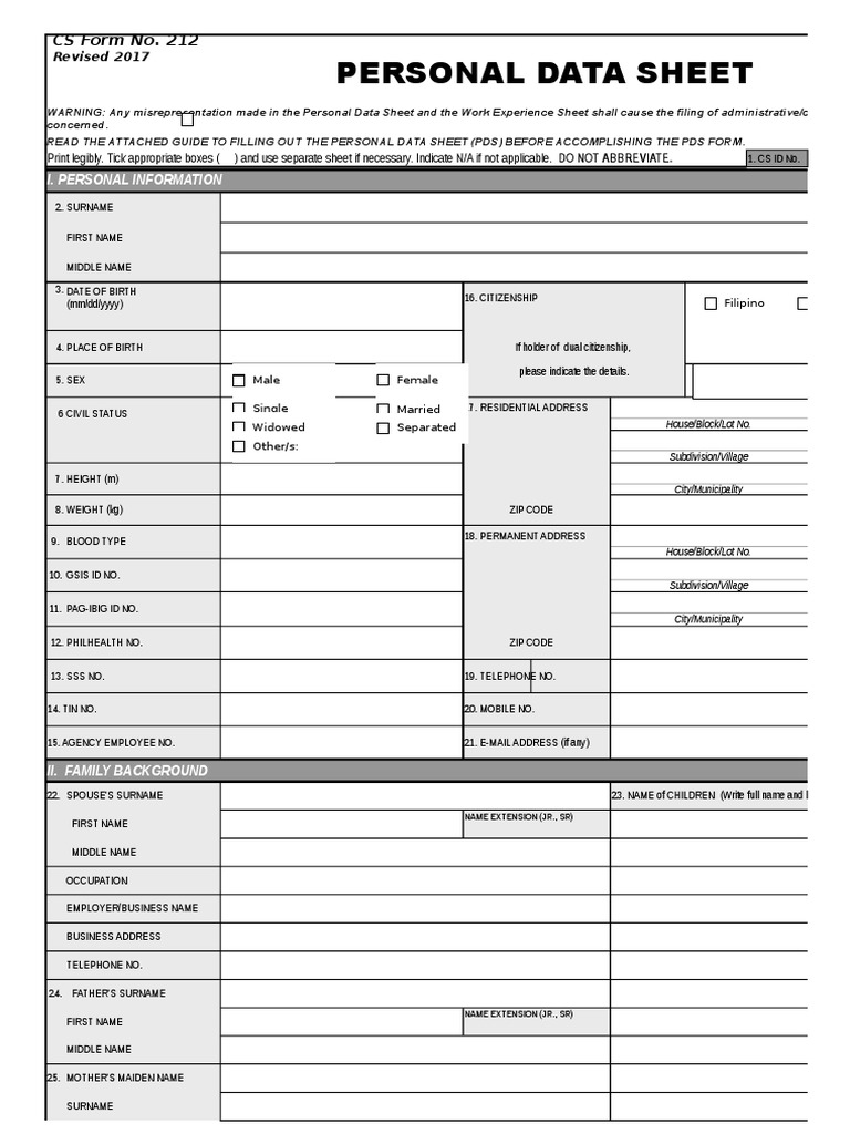 CS Form No. 212 Revised Personal Data Sheet - New | PDF