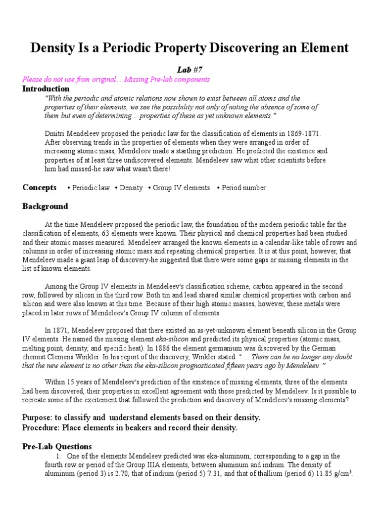 Lab 7 Densityisaperiodicproperty | PDF | Chemical Elements | Atoms