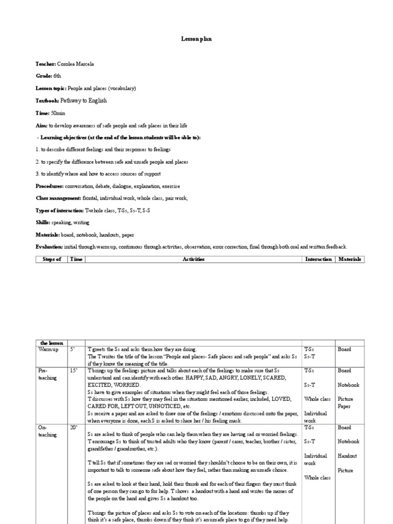 Lesson Plan-People and Places | PDF | Emotions | Lesson Plan
