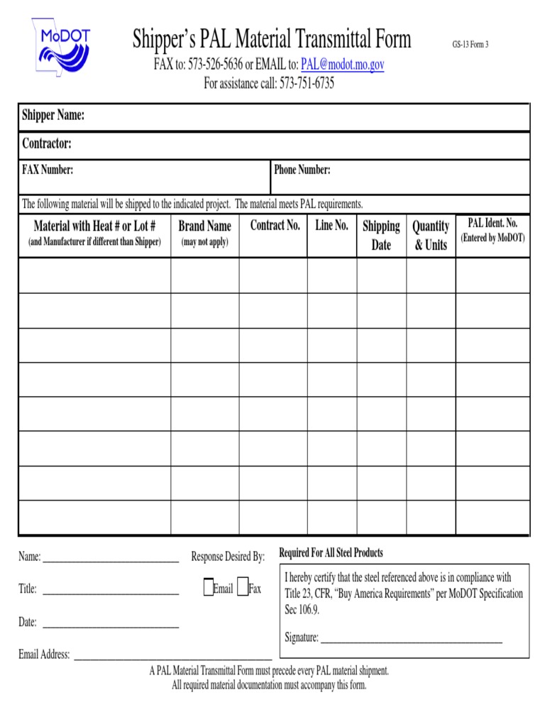 Shipper’s PAL Material Transmittal Form: FAX to: 573-526-5636 or EMAIL ...
