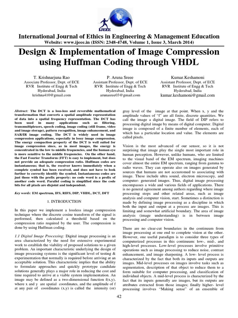 Design And Implementation Of Image Compression Using Huffman Coding Through Vhdl Kumar Keshamoni