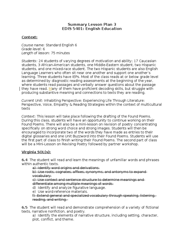 Summary Lesson Plan 3 EDIS 5401: English Education: Context | PDF ...