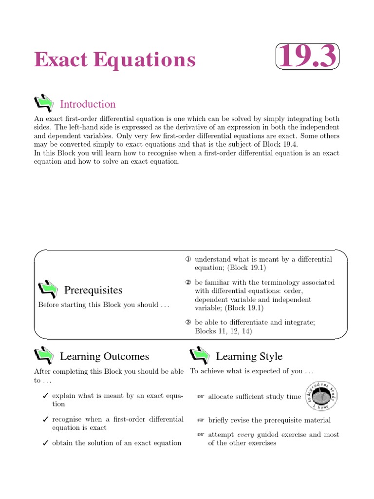 Exact Equations | PDF | Variable (Mathematics) | Equations
