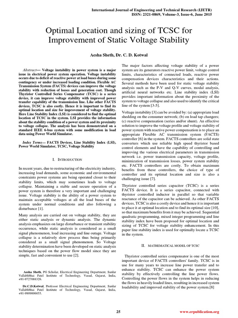 Optimal Location and Sizing of TCSC For Improvement of Static Voltage Stability | PDF | Electric ...