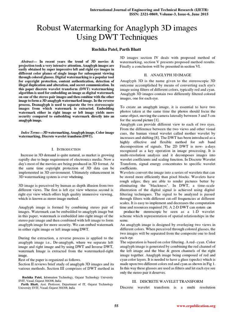 Robust Watermarking For Anaglyph 3D Images Using DWT Techniques | PDF | Stereoscopy | Wavelet