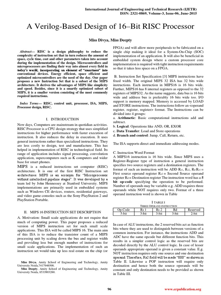 A Verilog-Based Design of 16-Bit RISC Processor: Miss Divya, Miss Deepty | PDF | Instruction Set ...