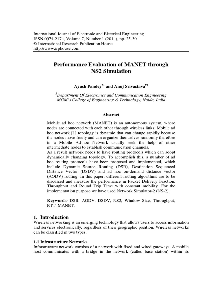 Performance Evaluation of MANET Through NS2 Simulation: Ayush Pandey and Anuj Srivastava | PDF ...