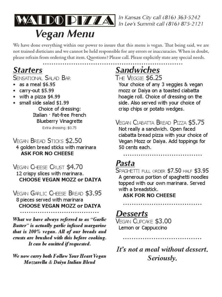 Vegan Pizza Menu (Waldo Pizza) | PDF | Pizza | Tomato Sauce