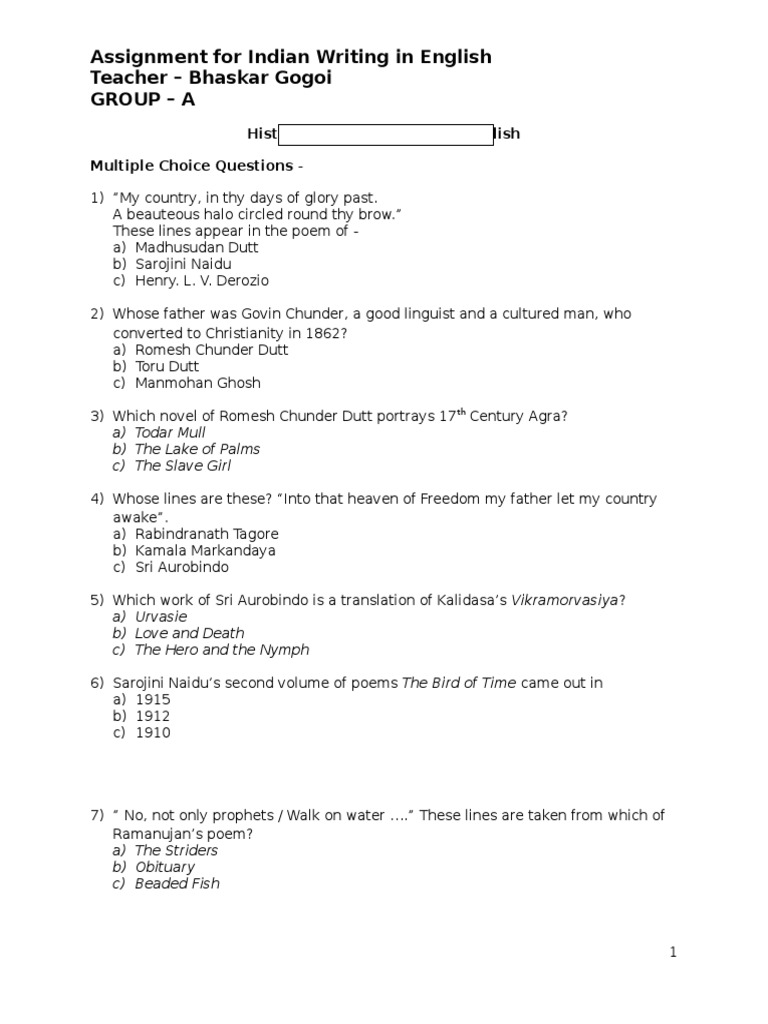 Assignment - Indian Writing in English | PDF | English Language ...
