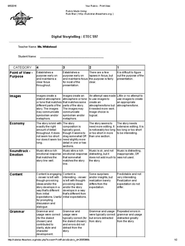 Digital Storytelling Rubric | PDF | Storytelling | Cognition