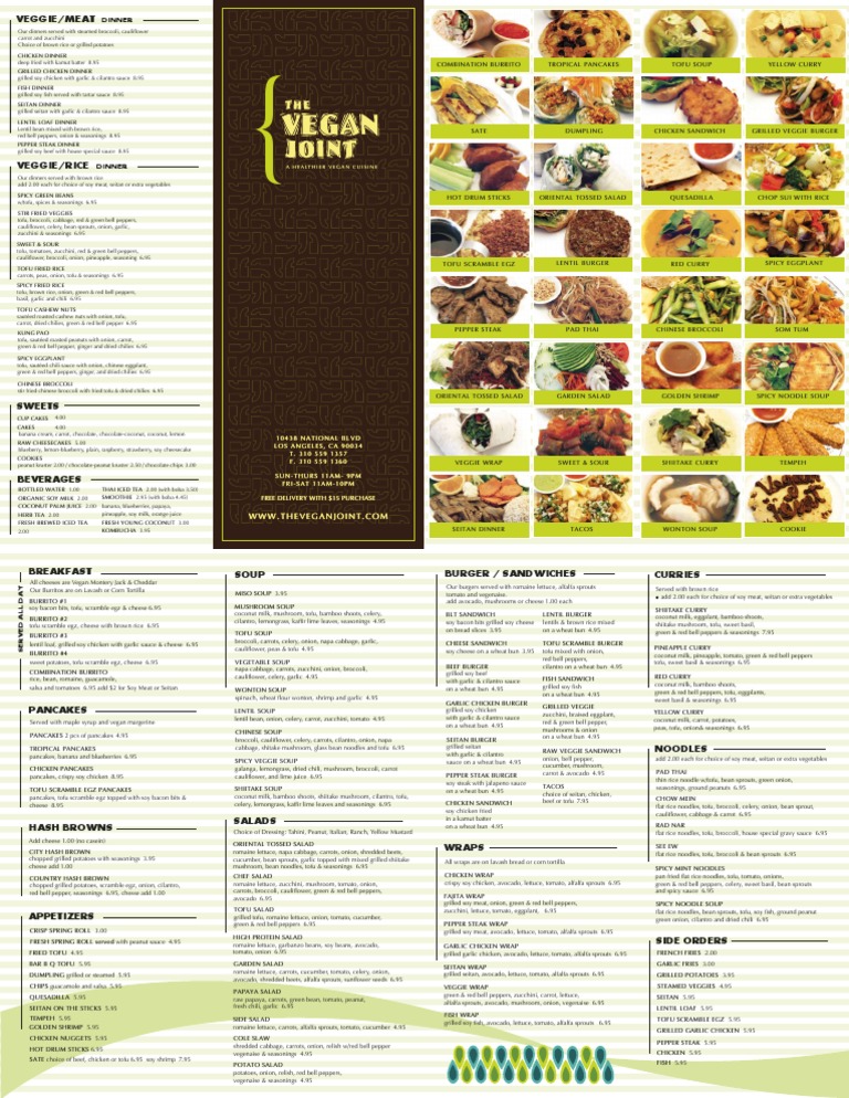 Vegan Joint Restaurant Menu | PDF | Tofu | Thai Cuisine