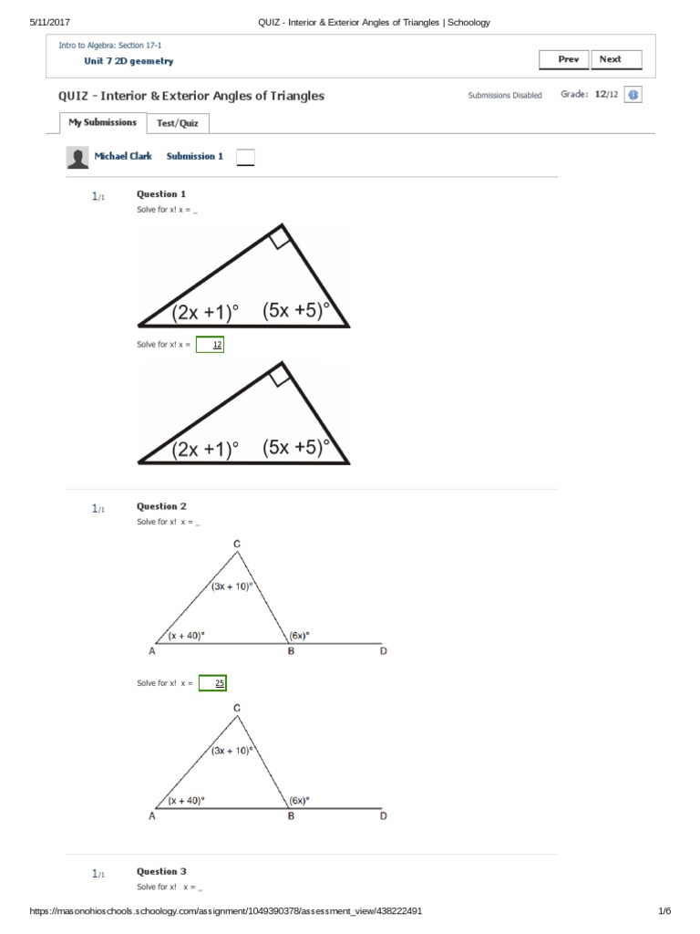 Quiz - Interior Exterior Angles of Triangles Schoology | PDF ...