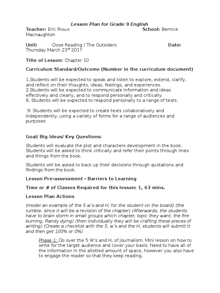 Lesson Plan Outsiders 4 | PDF | Lesson Plan | Curriculum