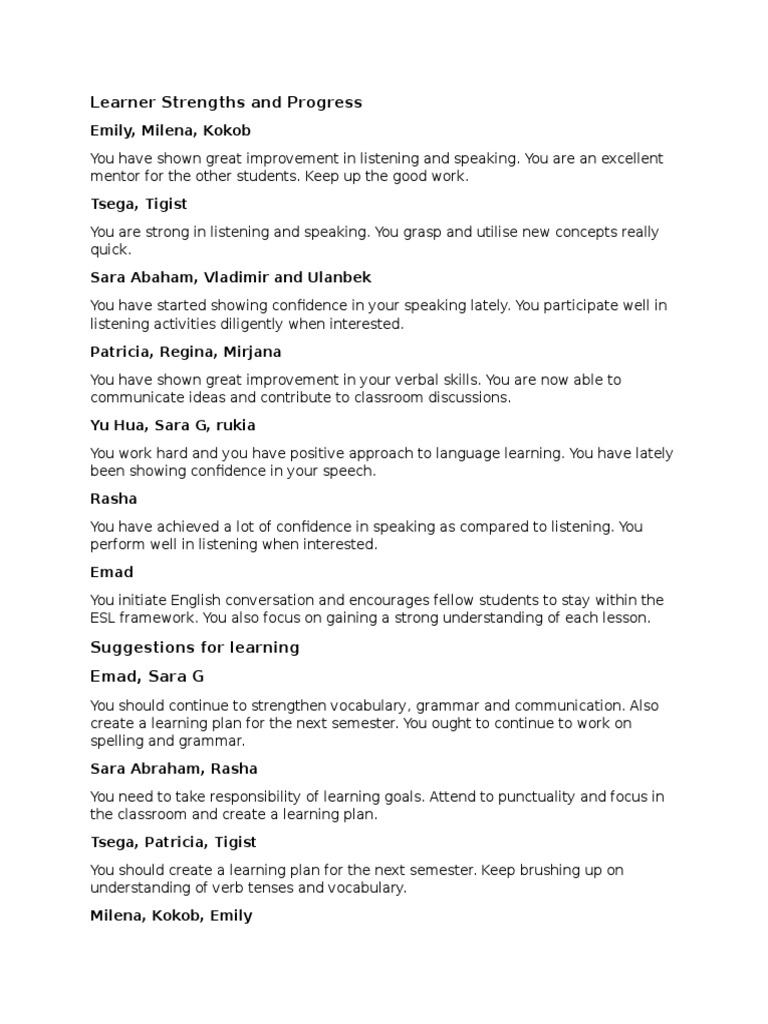 Learner Strengths and Progress | PDF