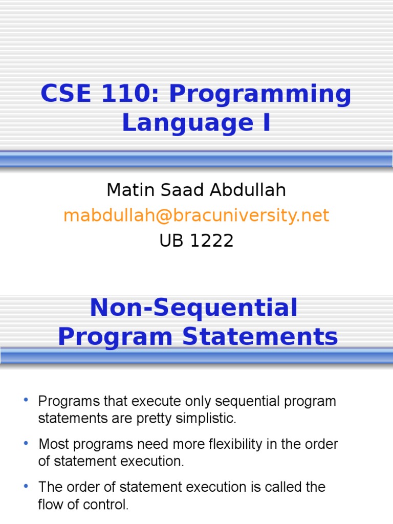 CSE 110: Programming Language I: Matin Saad Abdullah UB 1222 | PDF | Computer Programming ...