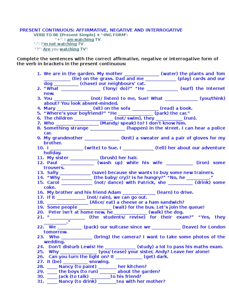 Present Continuous Affirmative Negative Interrogative | PDF | Leisure