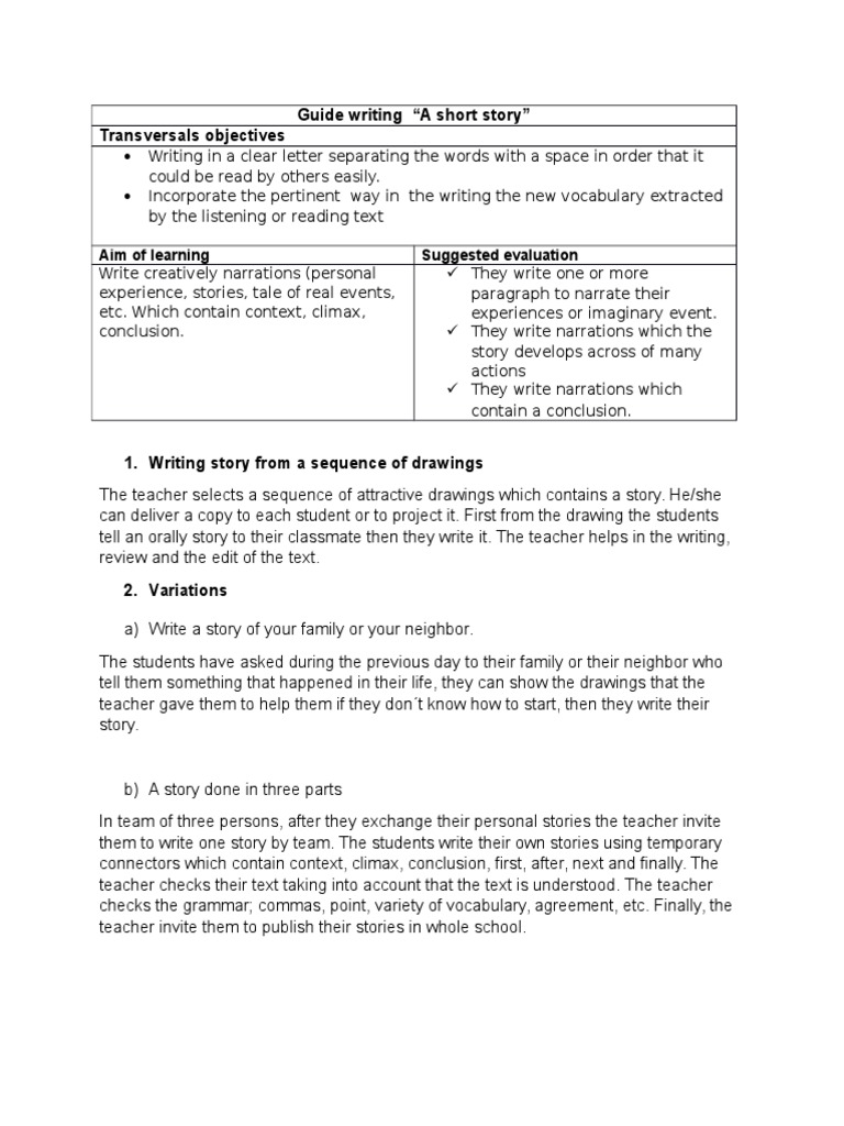 Guide Writing "A Short Story" Transversals Objectives: Aim of Learning ...