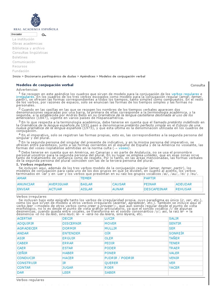 Modelos De Conjugación Verbal Real Academia Española Pdf Verbo