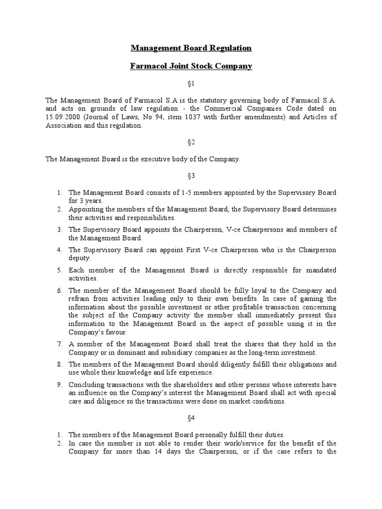 Management Board Regulation | PDF | Board Of Directors | Joint Stock ...