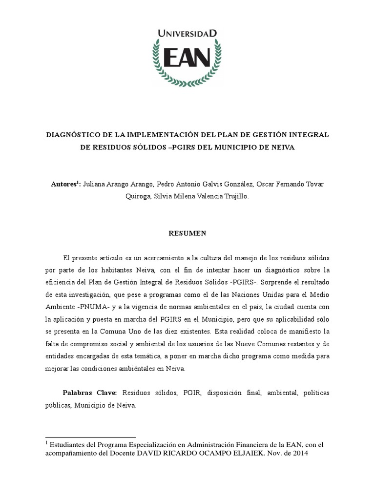 Diagnóstico de La Implementación Del Plan de Gestión Integralde Residuos Sólidos - Pgirs Del ...