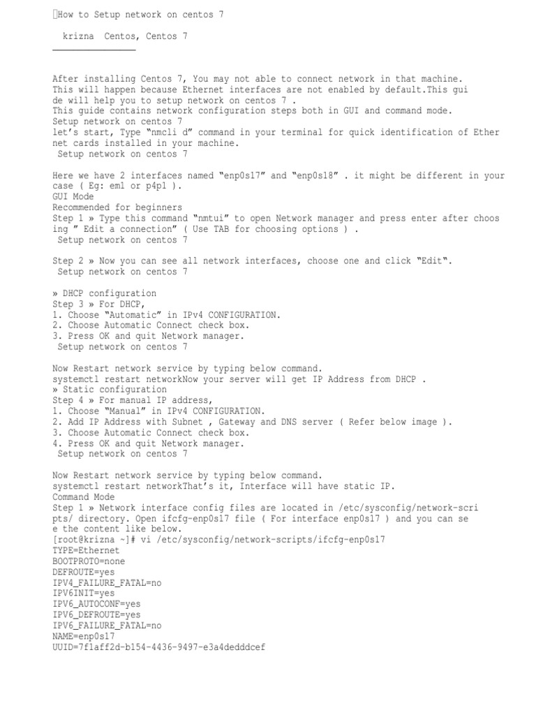 Configure Static IPv4 on CentOS 7 | PDF | Ip Address | Data Transmission
