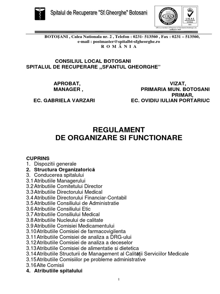 Regulament de Organizare Si Functionare PDF | PDF