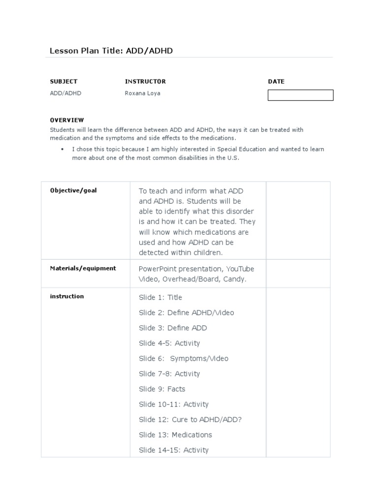 Lesson Plan Title: ADD/ADHD: Subject Instructor Date | PDF
