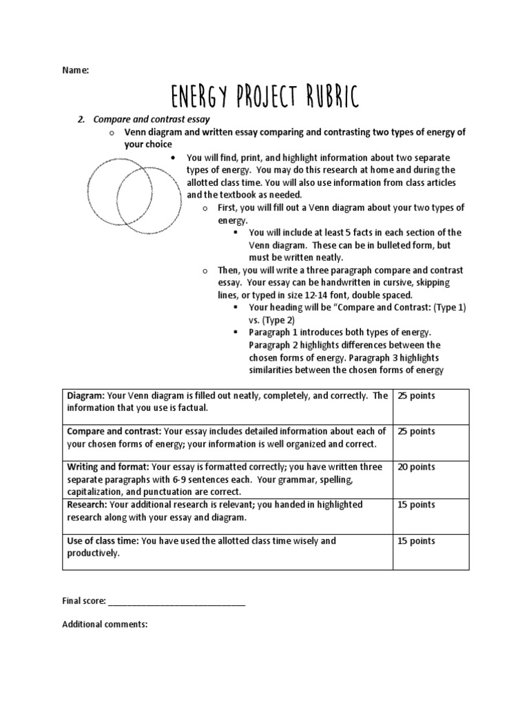 Energy Project Rubric Compare and Contrast Essay | PDF | Paragraph | Essays
