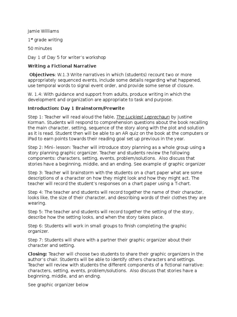 Lesson Plan For Writing A Fictional Narrative 1st Grade | PDF ...