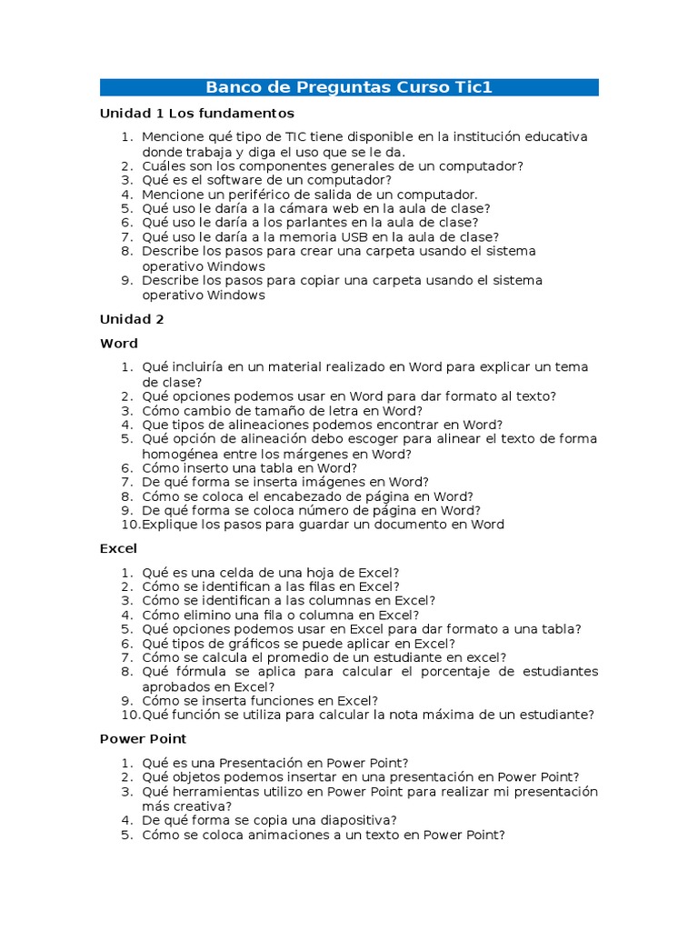 Banco Preguntas Curso Tic1 | PDF | Microsoft Excel | Microsoft Word