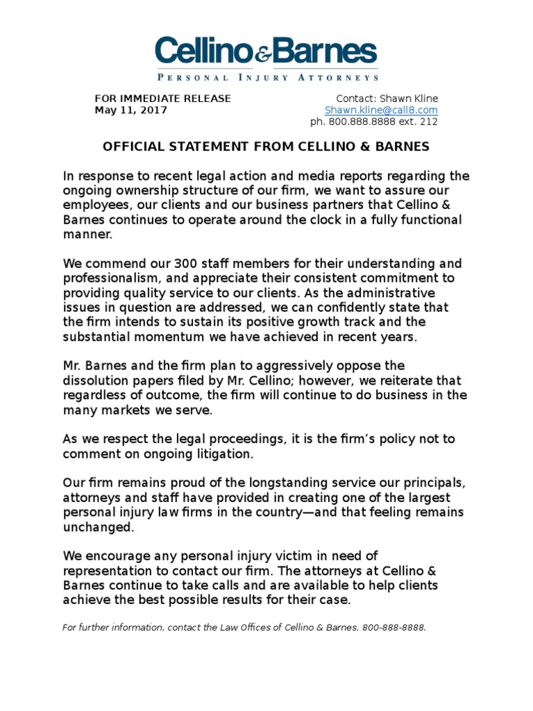 Official Statement From Cellino & Barnes | PDF