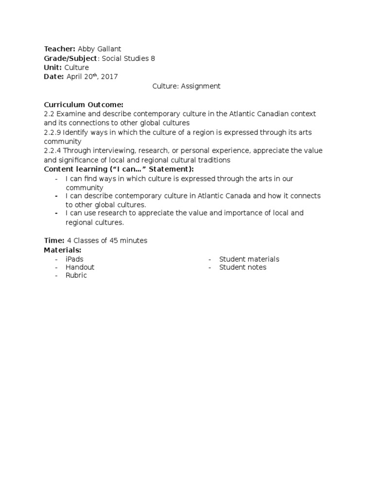 Atlantic Canadian Culture Assignment | PDF | Curriculum | Educational ...