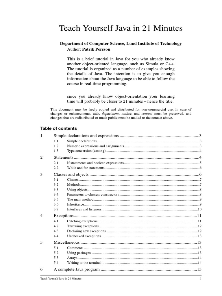 Teach Yourself Java in 21 Minutes: Department of Computer Science, Lund ...