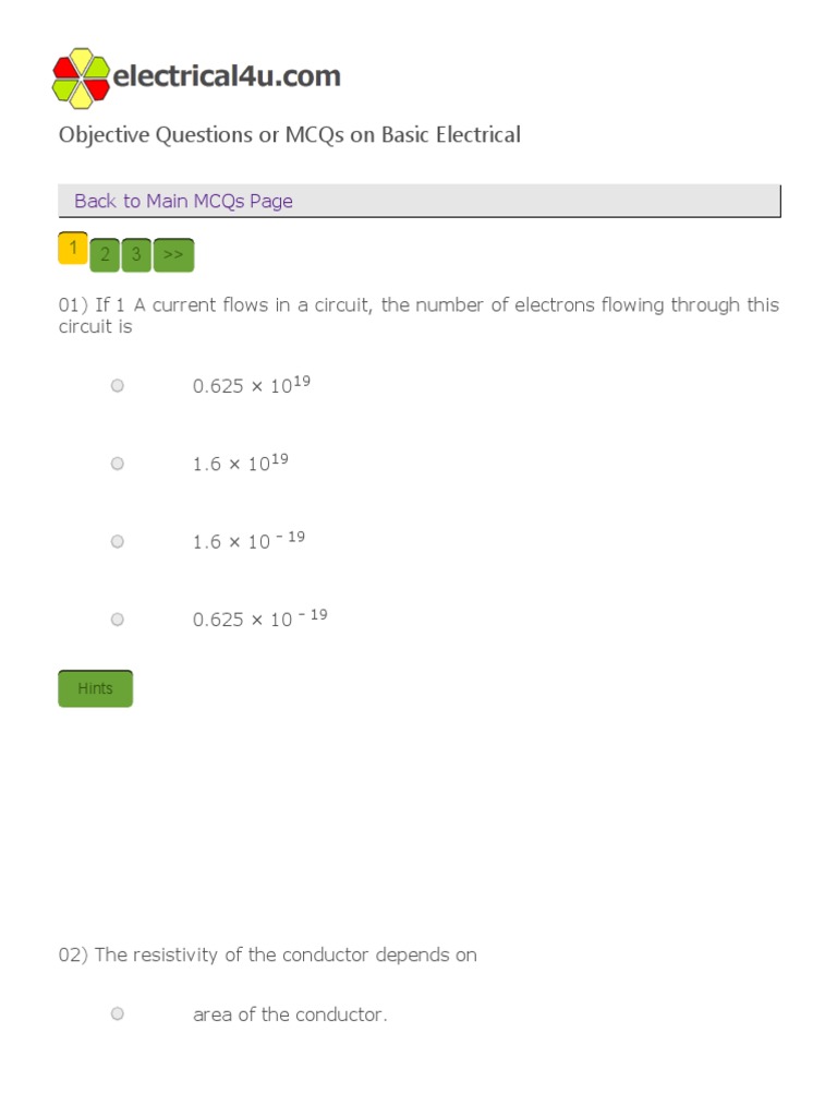 Objective Questions or Mcqs On Basic Electrical: Back To Main Mcqs Page ...