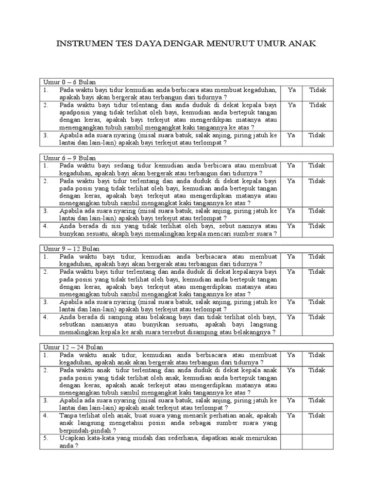 Instrumen Tes Daya Dengar Menurut Umur Anak