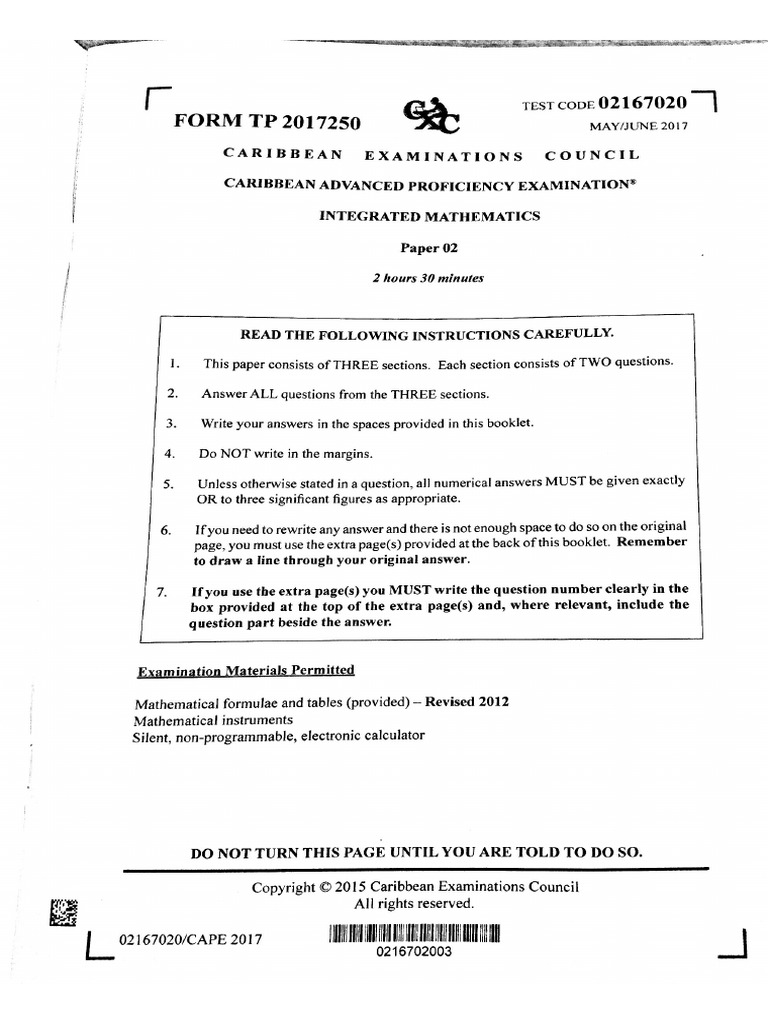 Integrated Mathematics 2017 Past Paper | PDF