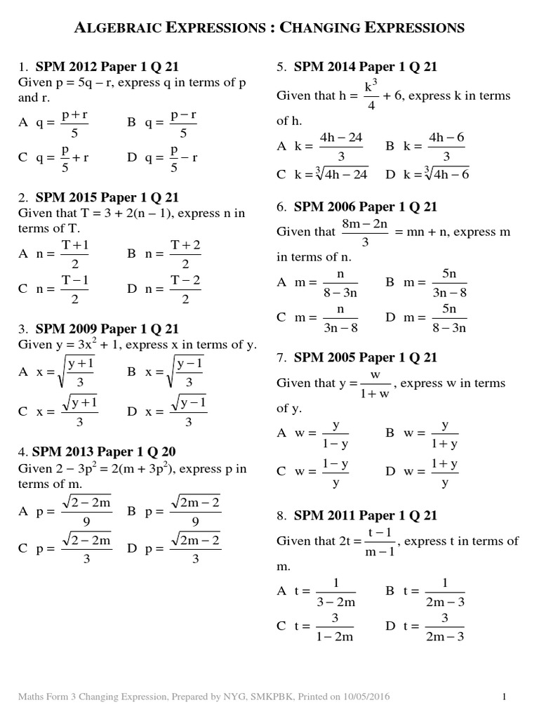1 Algebraic Expressions-Change Expression | PDF | Teaching Mathematics ...