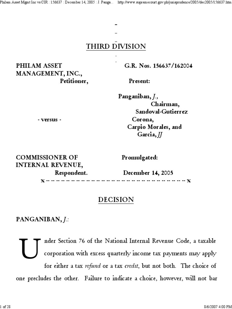 Philam Asset MGT Inc v. CIR | PDF | Tax Refund | Withholding Tax