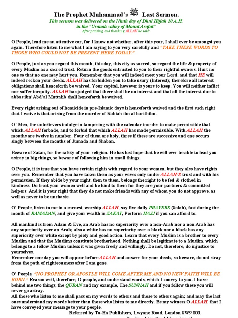 Prophet Muhammad Last Sermon | PDF | Allah | Muslim