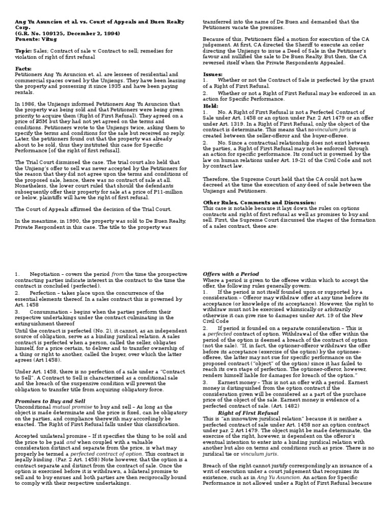 Right of First Refusal vs. Contract of Sale | PDF | Offer And ...