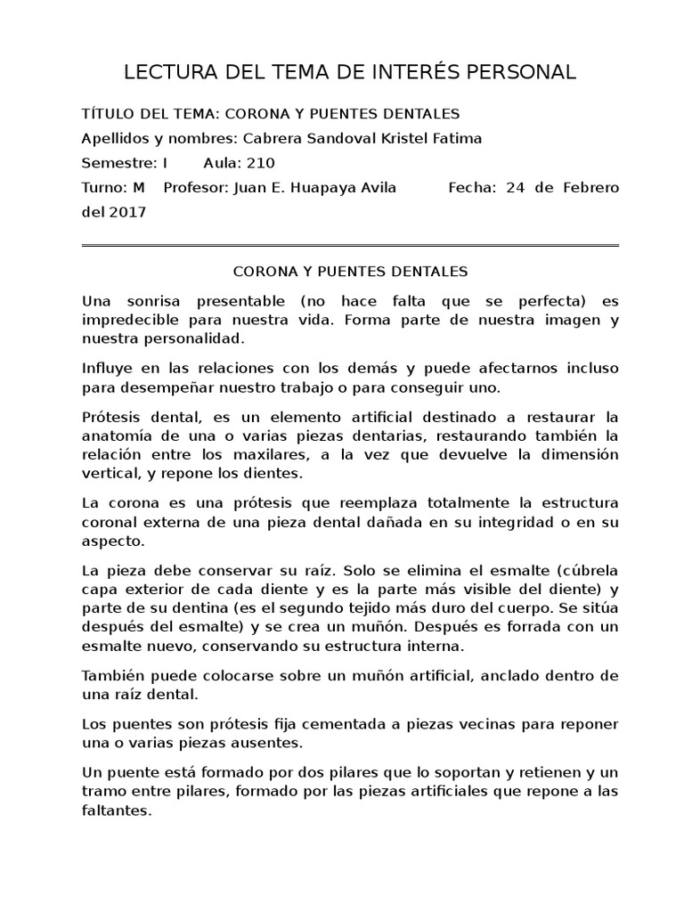 Lectura Del Tema de Interés Personal | PDF | Dentadura postiza ...