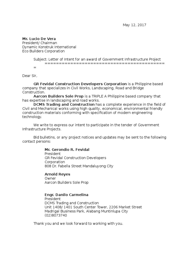 Letter of Intent Govt Projects | PDF