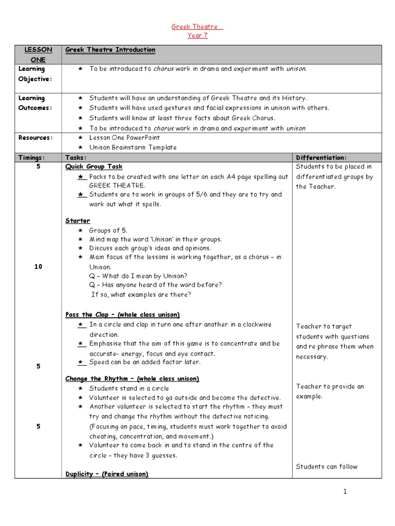 Year 7 Greek Theatre Lesson Plan | PDF | Theatre | Educational Assessment