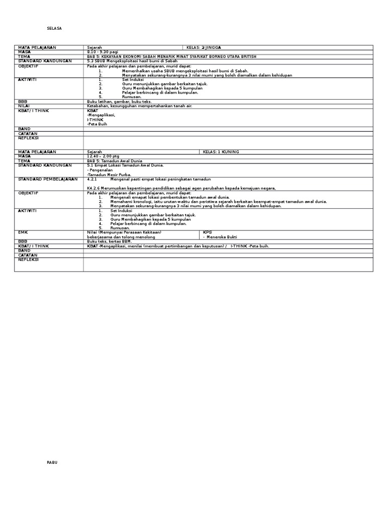 RPH Sejarah Lengkap KSSM | PDF
