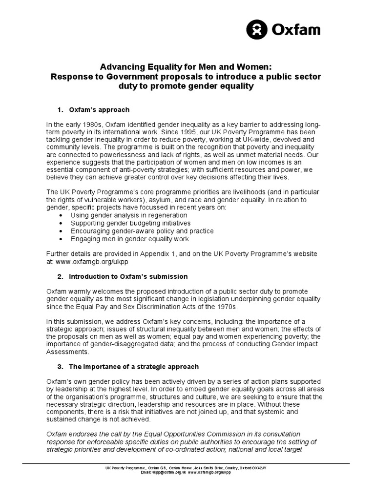 Advancing Equality For Men and Women: Response To Government Proposals ...
