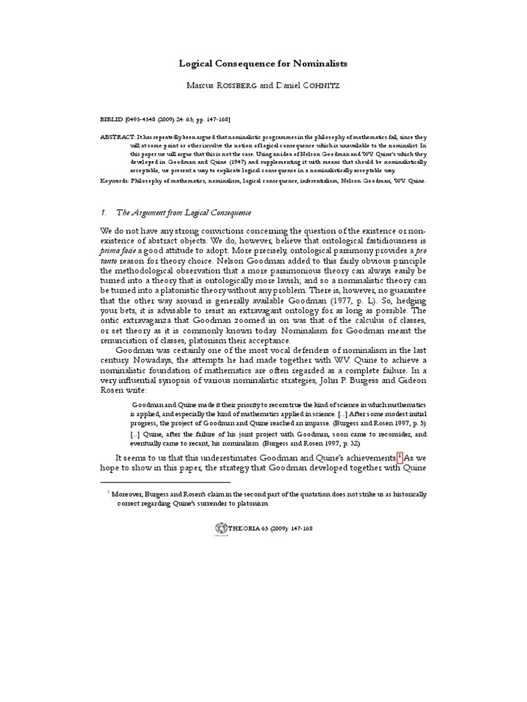 Logical Consequence For Nominalists 2009 | PDF | Logic | First Order Logic
