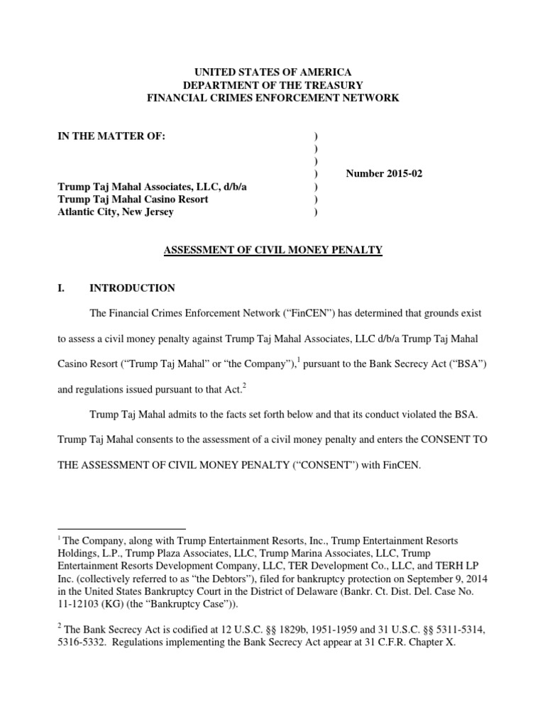 FinCEN Assessment of Civil Money Penalty Trump Taj Mahal (Post-Approval ...