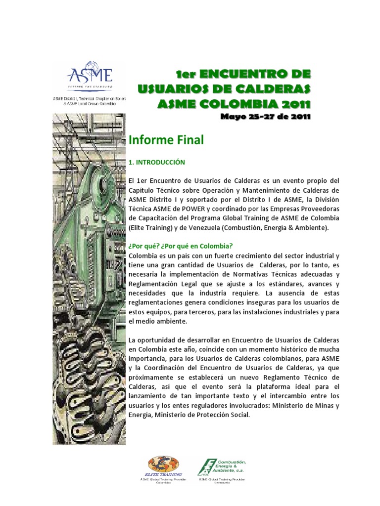 Informe Final 1er Encuentro de Usuarios de Calderas ASME Colombia | PDF ...