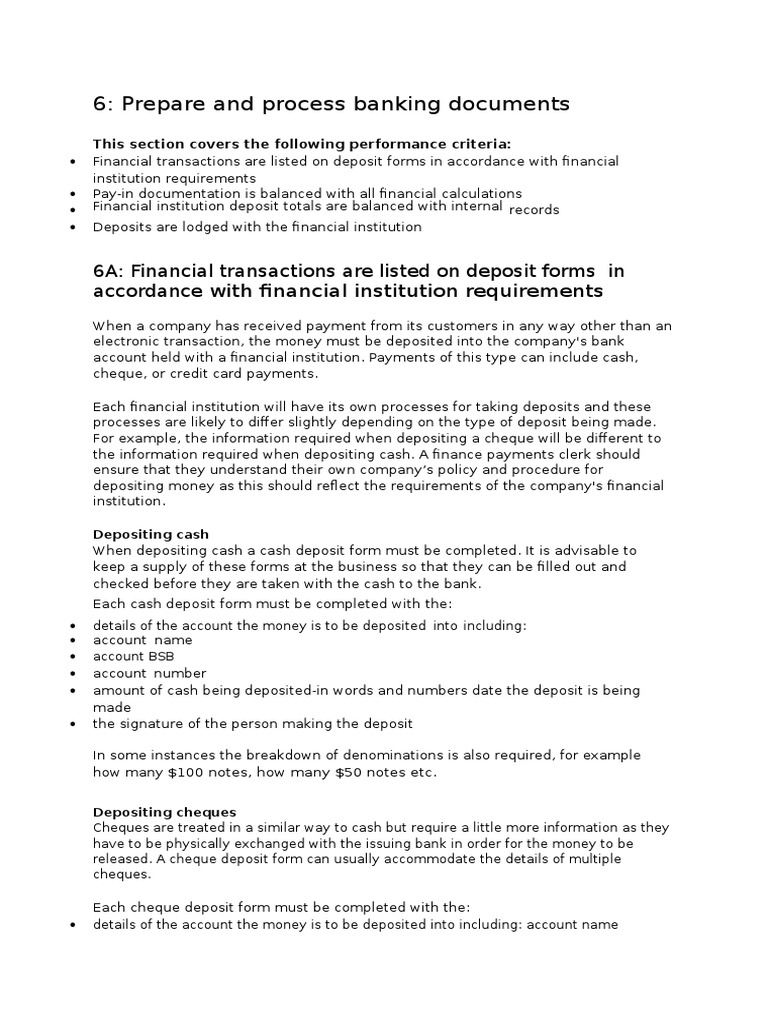 6a Prepare and Process Banking Documents | PDF | Cheque | Deposit Account