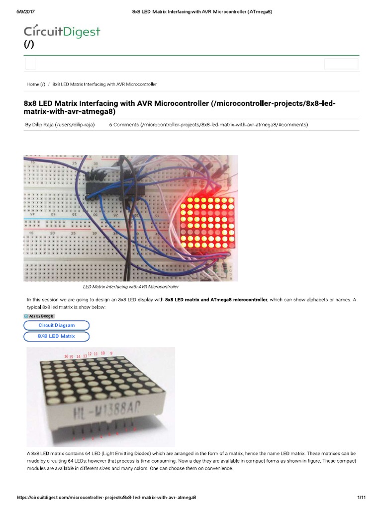 8x8 LED Matrix Interfacing With AVR Microcontroller (ATmega8) | PDF